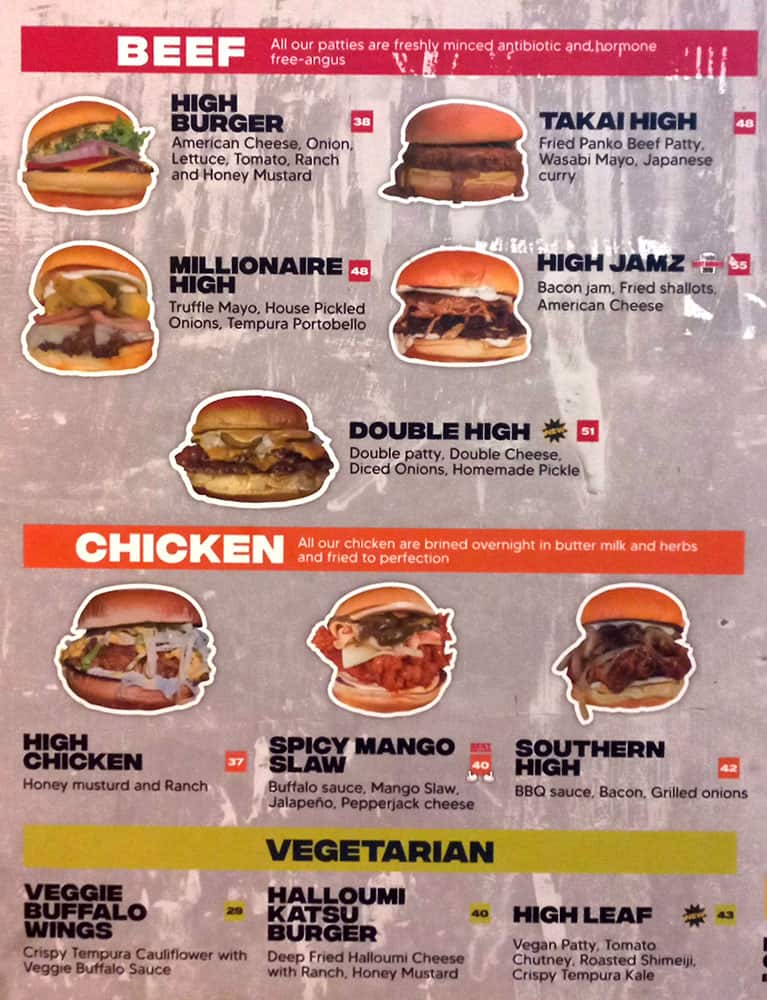 Menu of High Joint, Al Safa, Dubai