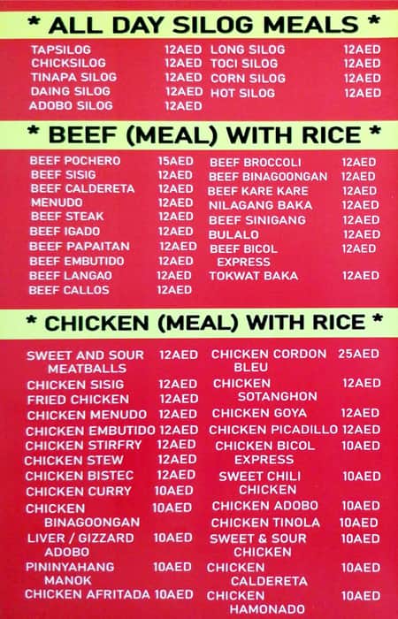 Menu of Royal Pinoy, Tourist Club Area (Al Zahiyah), Abu Dhabi