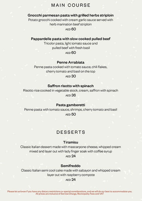 Menu at Celsius Restaurant, Dubai