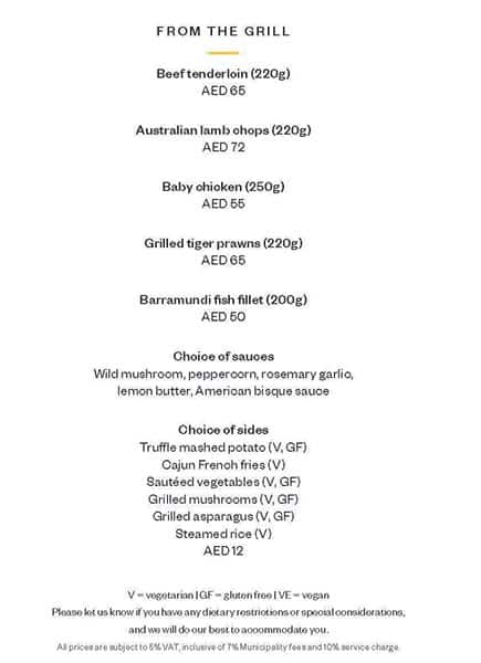 Menu at Celsius Restaurant, Dubai