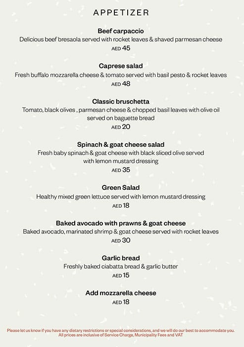 Menu at Celsius Restaurant, Dubai