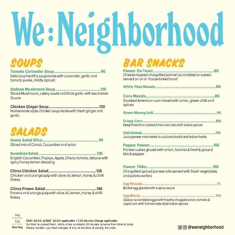 Menu of We: Neighborhood, Brigade Road, Bangalore