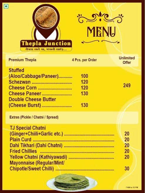 Menu at Thepla Junction, Ahmedabad, 1
