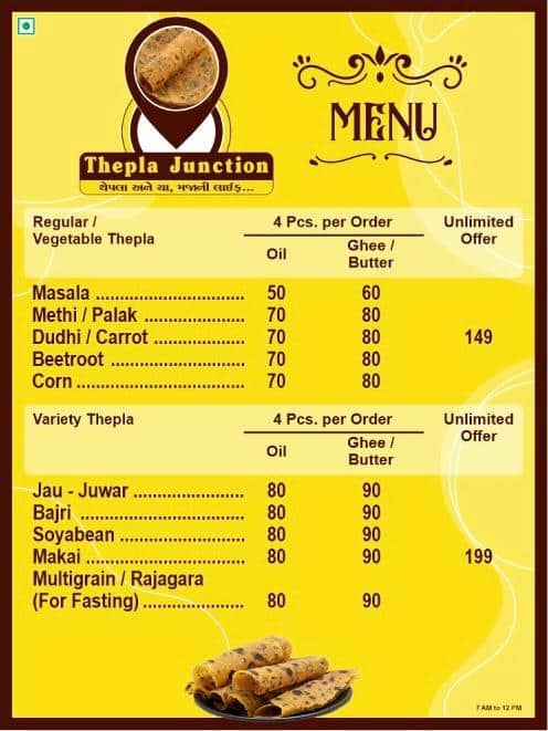 Menu at Thepla Junction, Ahmedabad, 1
