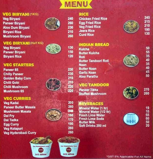 Menu of Sree Venkateswara Foods & SVSS Biryani, Indiranagar, Bangalore