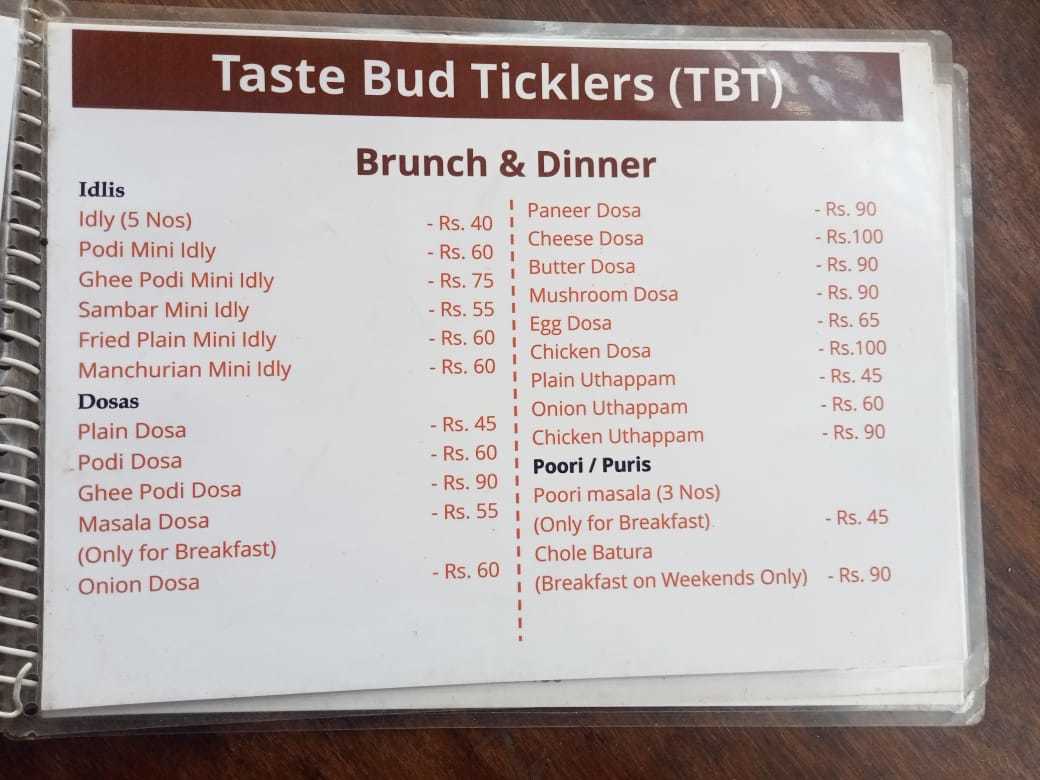 Menu of TBT - Taste Bud Ticklers, Auroville, Puducherry