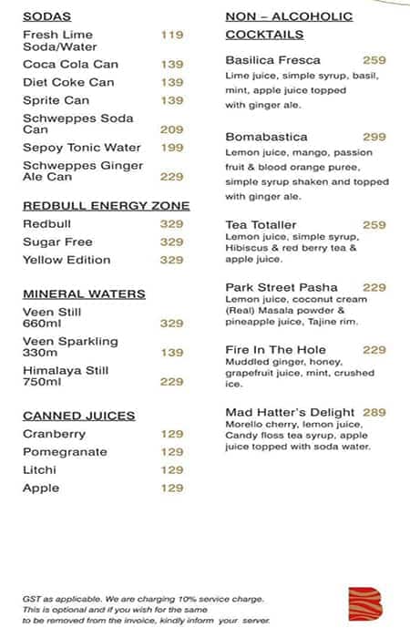 Menu of Bombastic Supper Club, Park Street Area, Kolkata