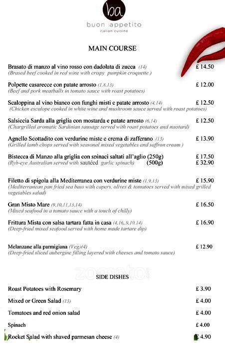 Menu at Buon Appetito restaurant, London, 136 Lauriston Rd