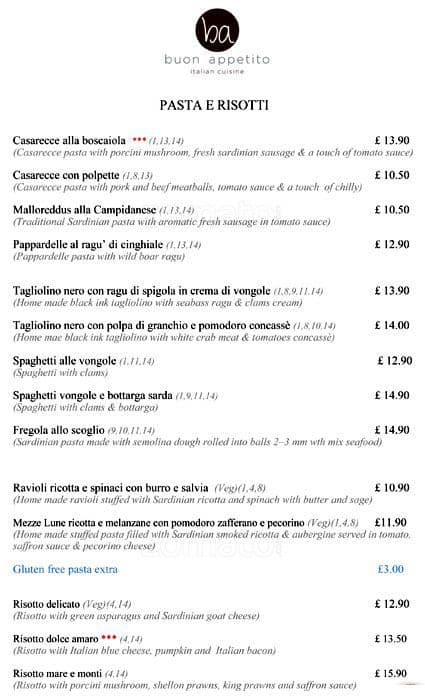 Menu at Buon Appetito restaurant, London, 136 Lauriston Rd