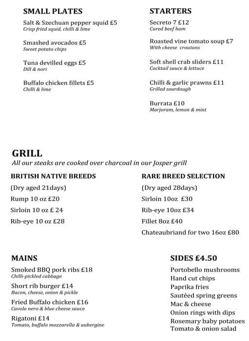 Menu at Marriott Grosvenor Square Executive Lounge pub & bar, London