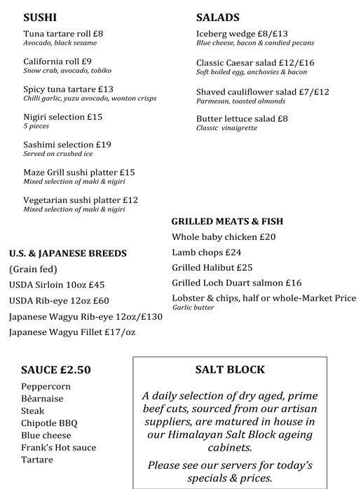 Menu at Marriott Grosvenor Square Executive Lounge pub & bar, London