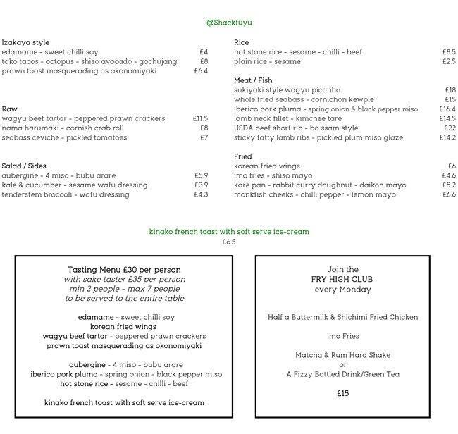 Menu at Shack-Fuyu Soho restaurant, London