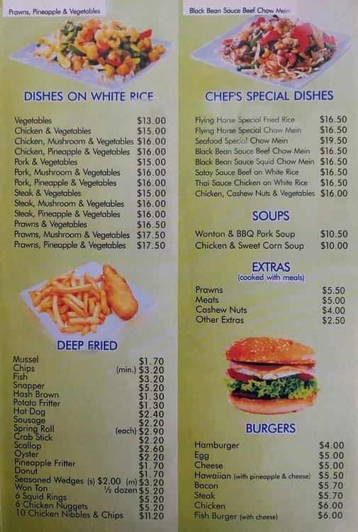 Menu at Flying Horse Takeaway restaurant, Auckland