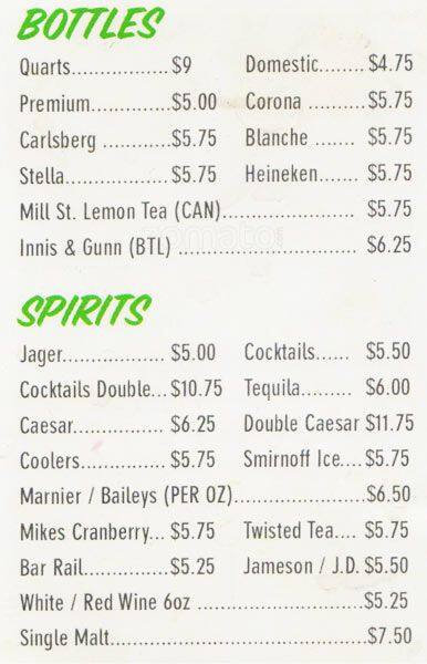 Menu at Dominion Tavern pub & bar, Ottawa