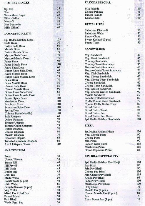 Menu at Radha Krishna, Mumbai, 355 to 356 A