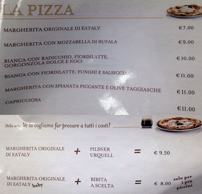 Menu at La Friggitoria steakhouse, Rome, Eataly