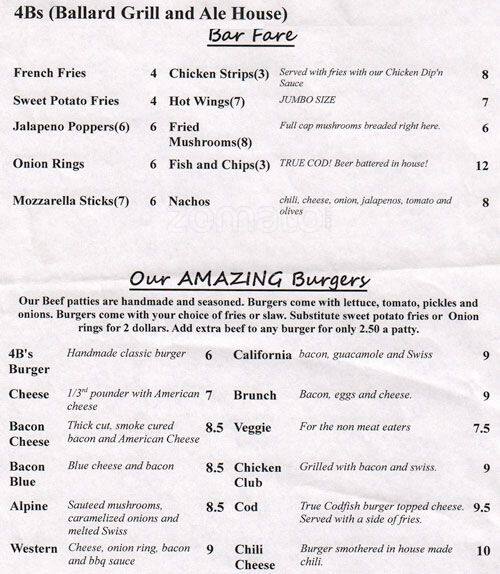 Menu at 4B's Tavern pub & bar, Seattle