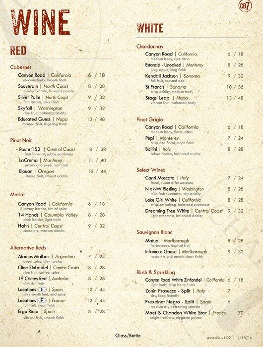 Menu at Char Bar, Charlotte, Carmel Rd