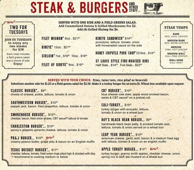 Menu at Char Bar, Charlotte, Carmel Rd