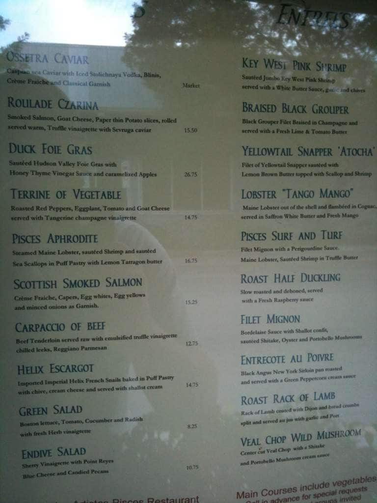 Menu at Pisces restaurant, Key West