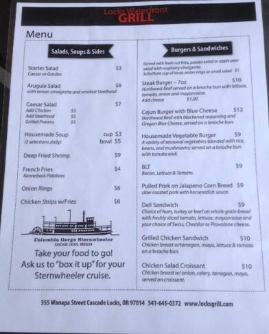 Menu at Locks Waterfront Grill pub & bar, Cascade Locks