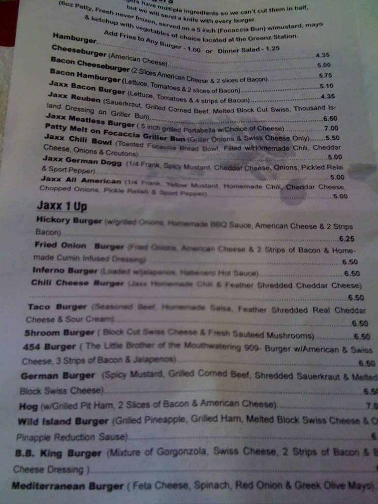 Menu at Jaxx Burgers restaurant, Paris