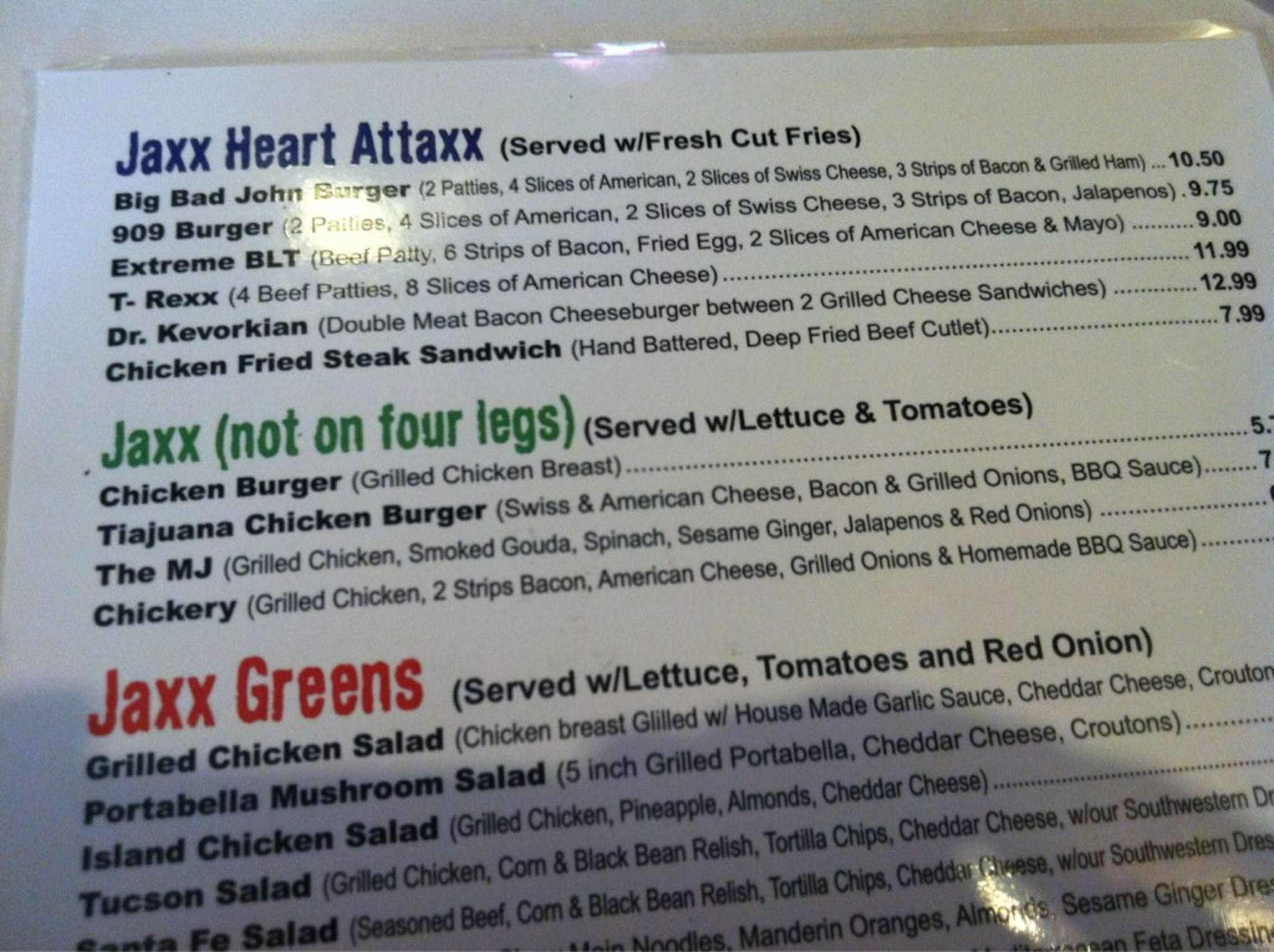Menu at Jaxx Burgers restaurant, Paris