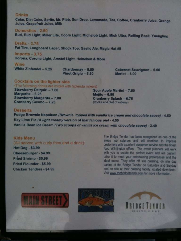 Menu at Fish House restaurant, Oak Island, 57th Place West