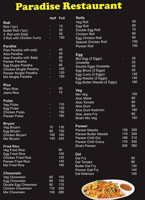 Menu of Paradise Restaurant, Jalukbari, Guwahati