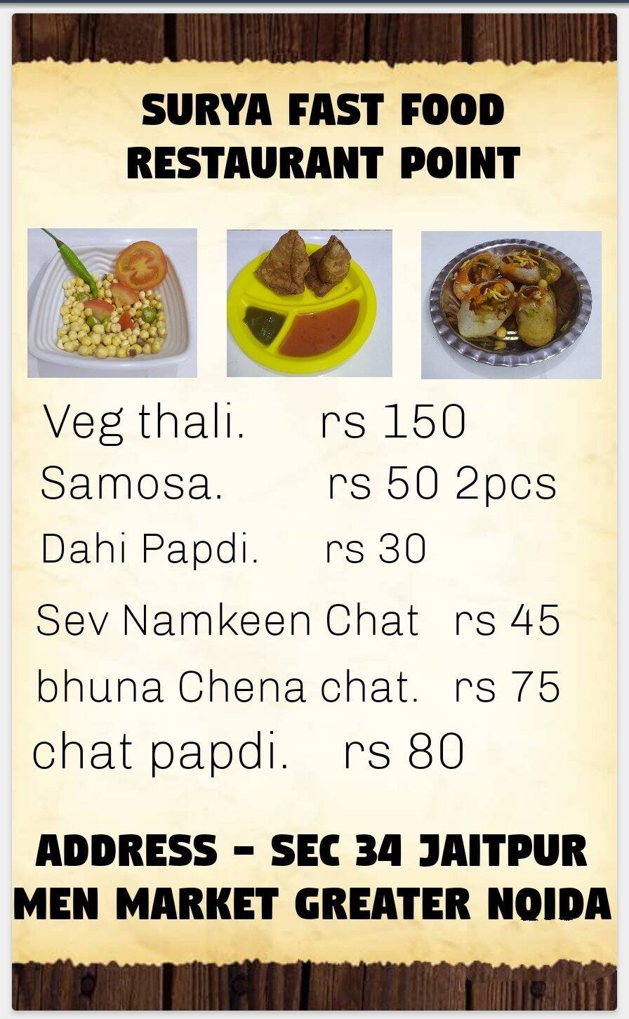 Menu of Surya Fast Food Restaurant Point, Delta 1, Greater Noida