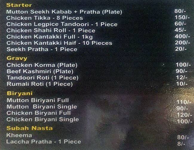 Menu of KGN Bombay Hotel, Miyapur, Hyderabad