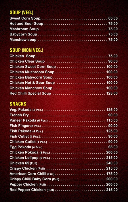 Menu of Red Chilli, Uttarpara, Kolkata