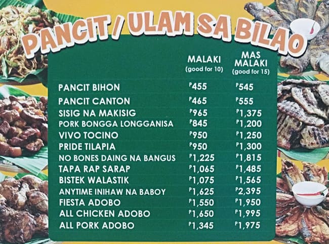 Menu at Binalot restaurant, Manila, 1536 Paz M Guanzon St.