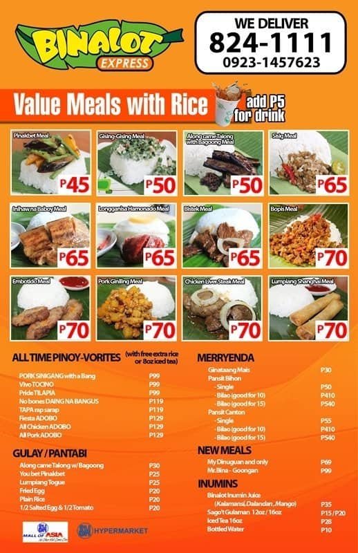 Menu at Binalot fast food, Pasay, Mall Of Asia