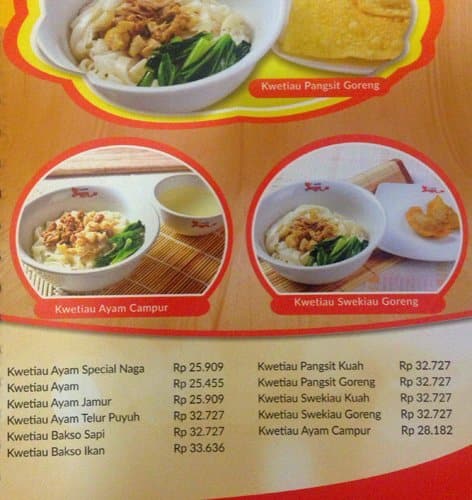 Menu at Bakmi Naga restaurant, Jakarta, Carrefour M.T. Haryono