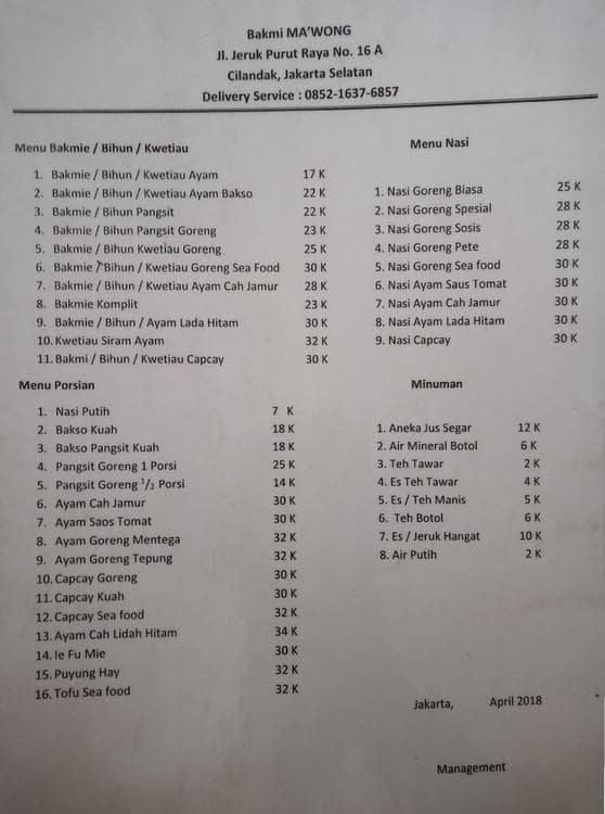 Menu at Bakmi Ma Wong restaurant, Jakarta