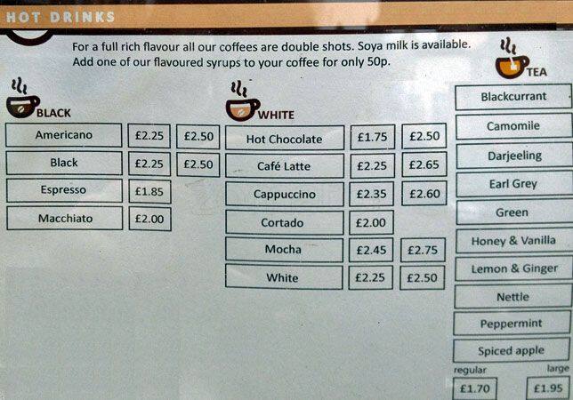 Menu at Trans Europe Cafe, Glasgow