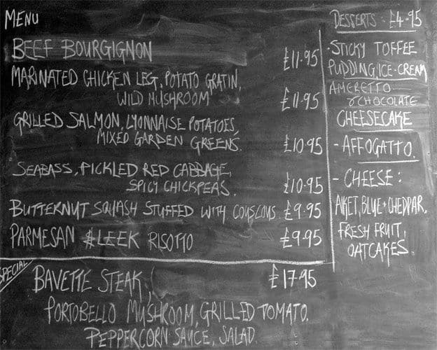 Menu at Trans Europe Cafe, Glasgow