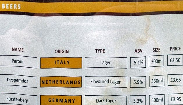 Menu at Trans Europe Cafe, Glasgow