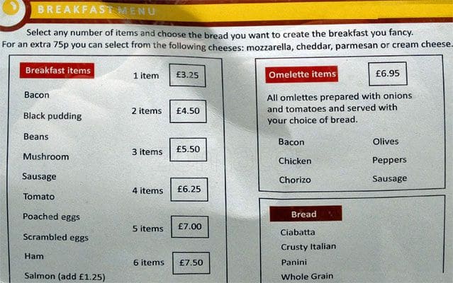 Menu at Trans Europe Cafe, Glasgow