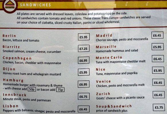 Menu at Trans Europe Cafe, Glasgow