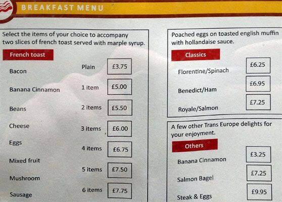 Menu at Trans Europe Cafe, Glasgow