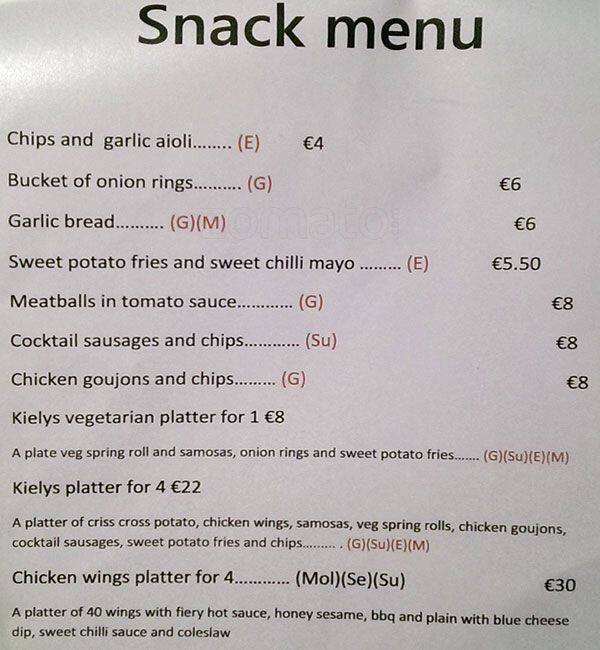 Menu at Kielys of Donnybrook pub & bar, Dublin