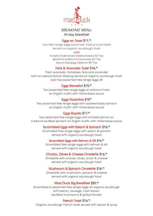 Menu at Mad Duck Cafe, Docklands, Yarra's Edge