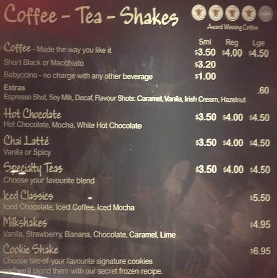 Menu at Nespresso cafe, Chermside