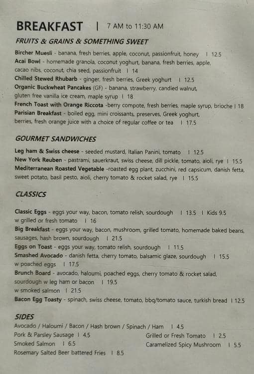 Menu at Riverbend cafe, Bulimba, 193 Oxford St