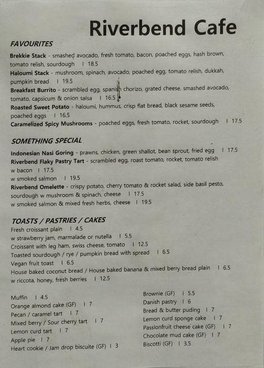 Menu at Riverbend cafe, Bulimba, 193 Oxford St