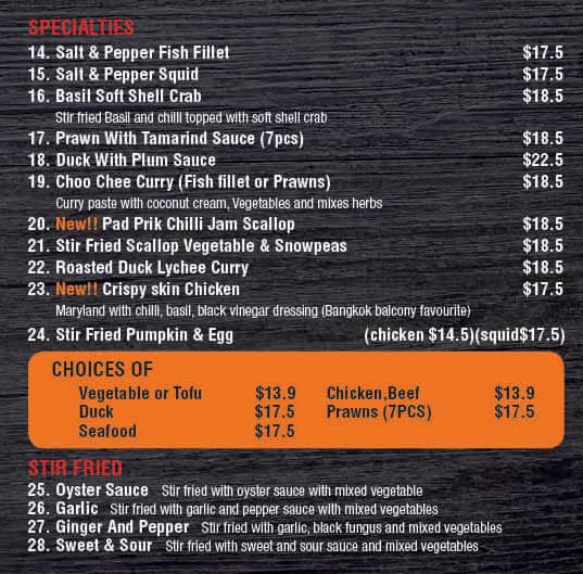 Menu at Bangkok Balcony restaurant, West Wollongong