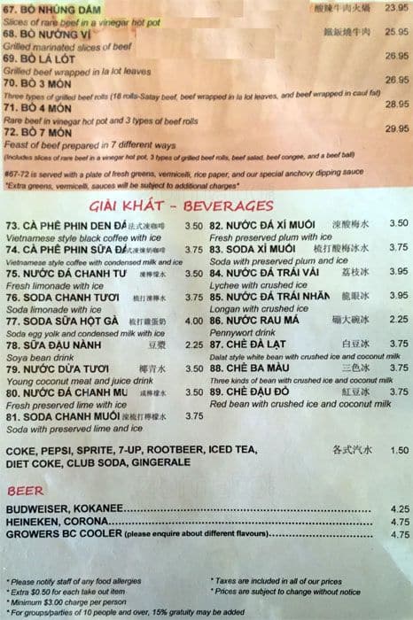 Menu at Huong Viet Restaurant, Surrey