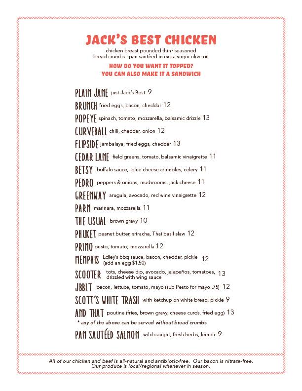 Menu at The Flipside restaurant, Nashville